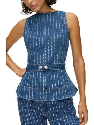 ALIGNE Belted Denim Peplum Top - Mid Blue