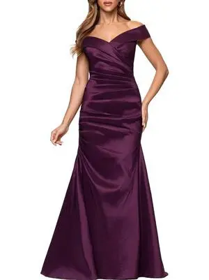 XSCAPE EVENINGS Off The Shoulder Taffeta Gown - Plum