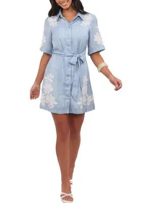 PETAL & PUP Connie Linen Blend Belted Shirt Dress - Blue