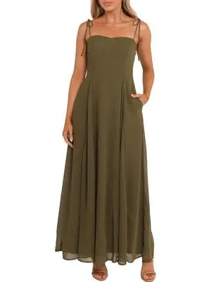PETAL & PUP Rayna Tie Strap Maxi Dress - Olive