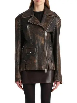 Khaite Catalina Distressed Suede Moto Jacket - Black/natural