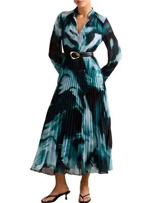 EVER NEW Abstract Print Long Sleeve Pleated Midi Dress - Green Odella