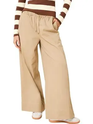 Solid & Striped Stretch Cotton Drawstring Wide Leg Pants - Camel