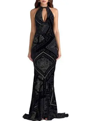 House Of Cb Oliviana Cutout Foil Devoré Halter Gown - Black Gold