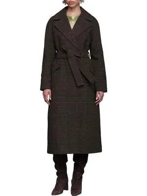 Avec Les Filles Plaid Belted Coat - Navy-brown Plaid