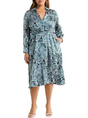 TAHARI ASL Tie Belt Shirtdress - Teal