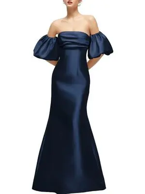 Alfred Sung Off-the-Shoulder Puff Sleeve Satin Gown Midnight