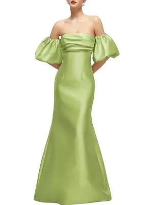 Alfred Sung Off-the-shoulder Puff Sleeve Satin Gown - Mojito