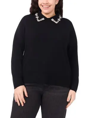 CECE DUPRAZ Faux Pearl And Rhinestone Detailed Collared Sweater - Rich Black