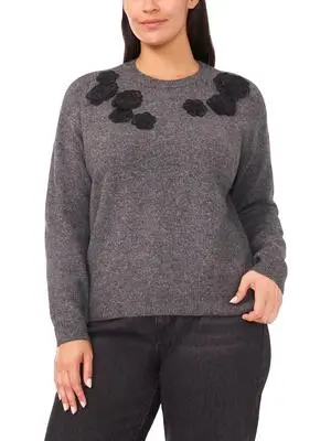 CECE DUPRAZ Floral Appliqué Crewneck Sweater - Medium Heather Grey