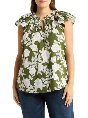 SUGARLIPS Floral Print Cap-sleeve Shirt - Cream-green