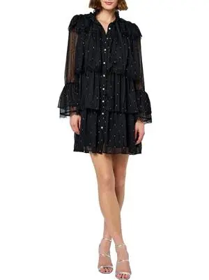 CIEBON Metallic Fleck Eyeleash Lace Mini Dress - Black