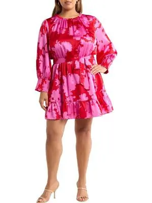 SUGARLIPS Floral Print Long Sleeve Mini Dress - Cherry-pink