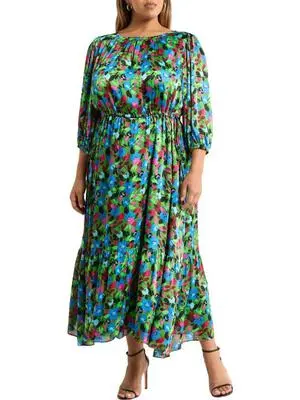 SUGARLIPS Floral Print Long Sleeve Maxi Dress - Green-blue-fuchsia