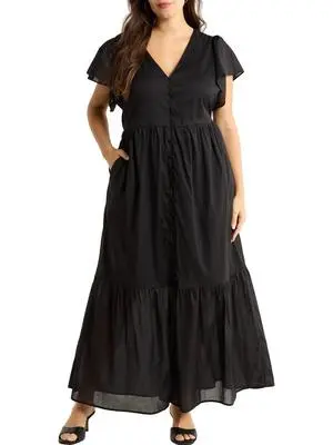 SUGARLIPS Brigid Flutter Sleeve Midi Dress - Black