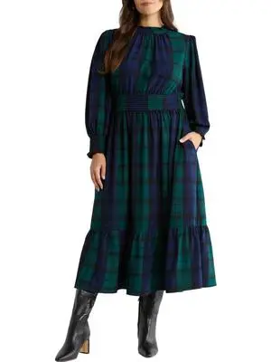 SUGARLIPS Plaid Long Sleeve Maxi Shirtdress - Navy-green-multi