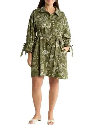 SUGARLIPS Floral Cotton Shirt Dress - Cream-olive