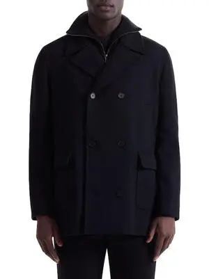 Bugatchi Leather Trim Wool Blend Tweed Peacoat - Black