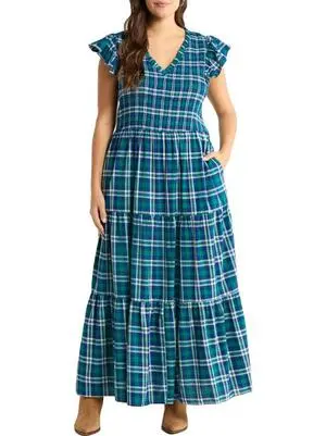 SUGARLIPS Buckley Plaid Smocked Maxi Dress - Navy-green