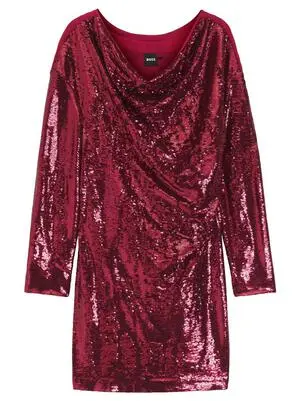 BOSS Sequin Long Sleeve Dress - Deep Ruby