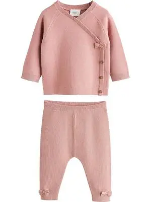 NEXT Knit Wrap Top & Pants Set With Bow Detail - Pink