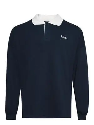 Rhude Long Sleeve Pique Polo Dark Navy And White - Blue