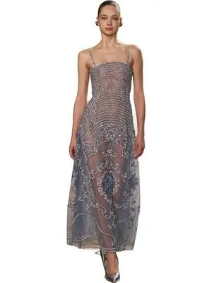 GEORGES HOBEIKA Sequined Embellished Sheer Maxi Dress - Blue