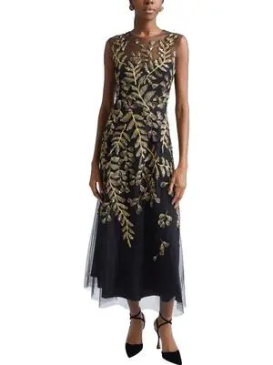 Carolina Herrera Metallic Leaf Embroidered Tulle Gown - Black/gold