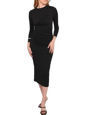 PETAL & PUP Ruched Long Sleeve Midi Dress - Black