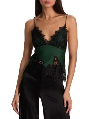 Alice + Olivia Lace & Satin Camisole - Green Mystique/black