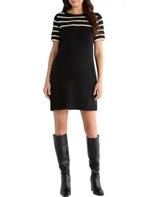 Halogen Stripe Short Sleeve Sweater Dress - Rich Black