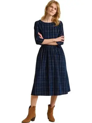 BRAKEBURN Lilliput 3/4 Sleeve Boat Neck Midi Dress - Blue