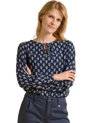 BRAKEBURN Juliette Long Sleeve Tie Neck Blouse - Navy