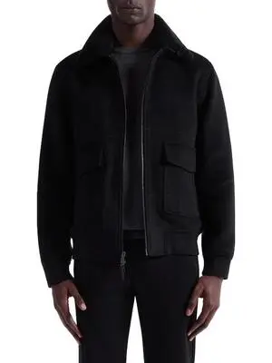 Bugatchi Wool-Blend Bomber Jacket With Detachable Shearling Collar Black