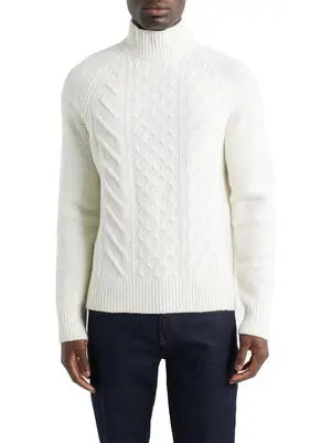 BOSS Hector Cable Virgin Wool & Silk Mock Neck Sweater - Open White