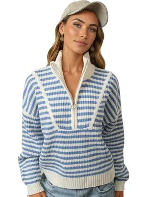 KNIT & LOUNGE Striped Half Zip Knit Pullover - Blue /cream Stripes