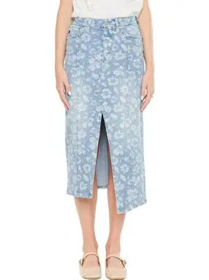 KANCAN Floral Print High-rise Midi Skirt - Light Wash