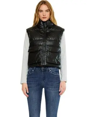 KANCAN Cropped Faux Leather Puffer Vest - Black