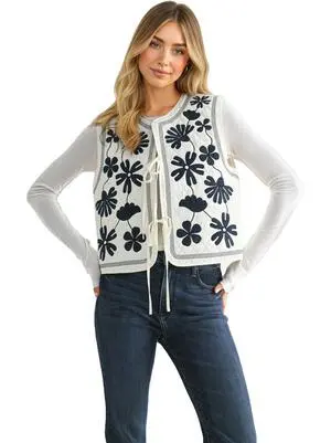 KNIT & LOUNGE Floral Embroidered Quilted Vest - White/black Floral