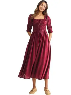 KNIT & LOUNGE Smocked Bodice Puff Sleeve Maxi Dress - Burgundy