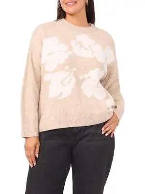 Vince Camuto Floral Jacquard Crewneck Sweater - Oatmeal