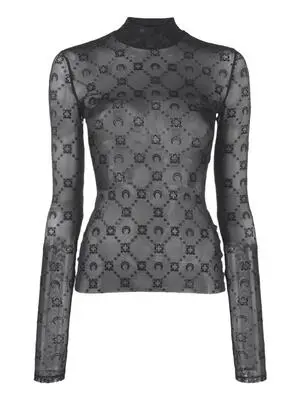 MARINE SERRE Monogram Mesh Flock Long-sleeve Highneck Top - Black