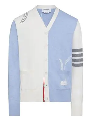 Thom Browne Funmix Feather Jersey Intarsia High V-neck Cardigan - Blue