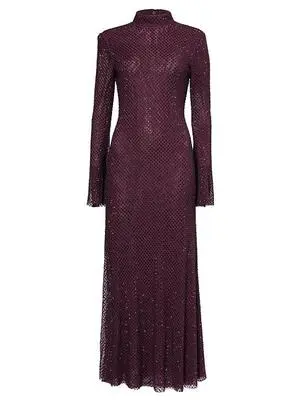 SELF-PORTRAIT Rhinestone-embellished Fishnet-mesh Midi Dress - Burgandy