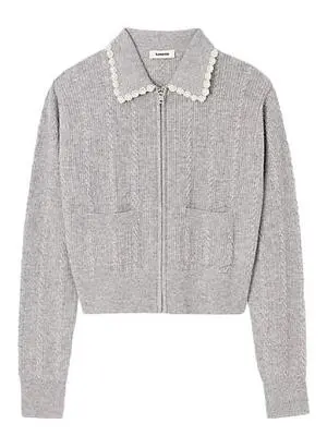Sandro Zipped Beaded-collar Wool And Cashmere-blend Cardigan - Grey