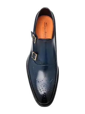Santoni Carter Brogue Leather Double Monk-strap Loafers - Light Blue
