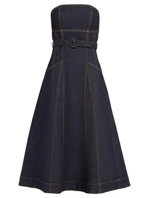 SELF-PORTRAIT Bandeau Denim A-line Midi Dress - Indigo