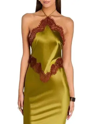 Retrofete Everly Lace-trimmed Satin Halter Dress - Basil/cigar