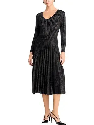 T Tahari Ribbed Metallic Threaded Sweater Dress - Black/ Gunmetal