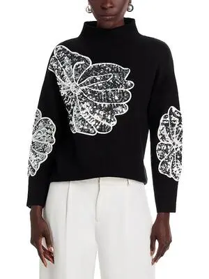 T Tahari Long Sleeve Sequin Soutache Sweater - Black/ White